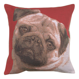 Pugs Face Red I European Cushion Cover, H 18" x W 18" - Contemporary ...