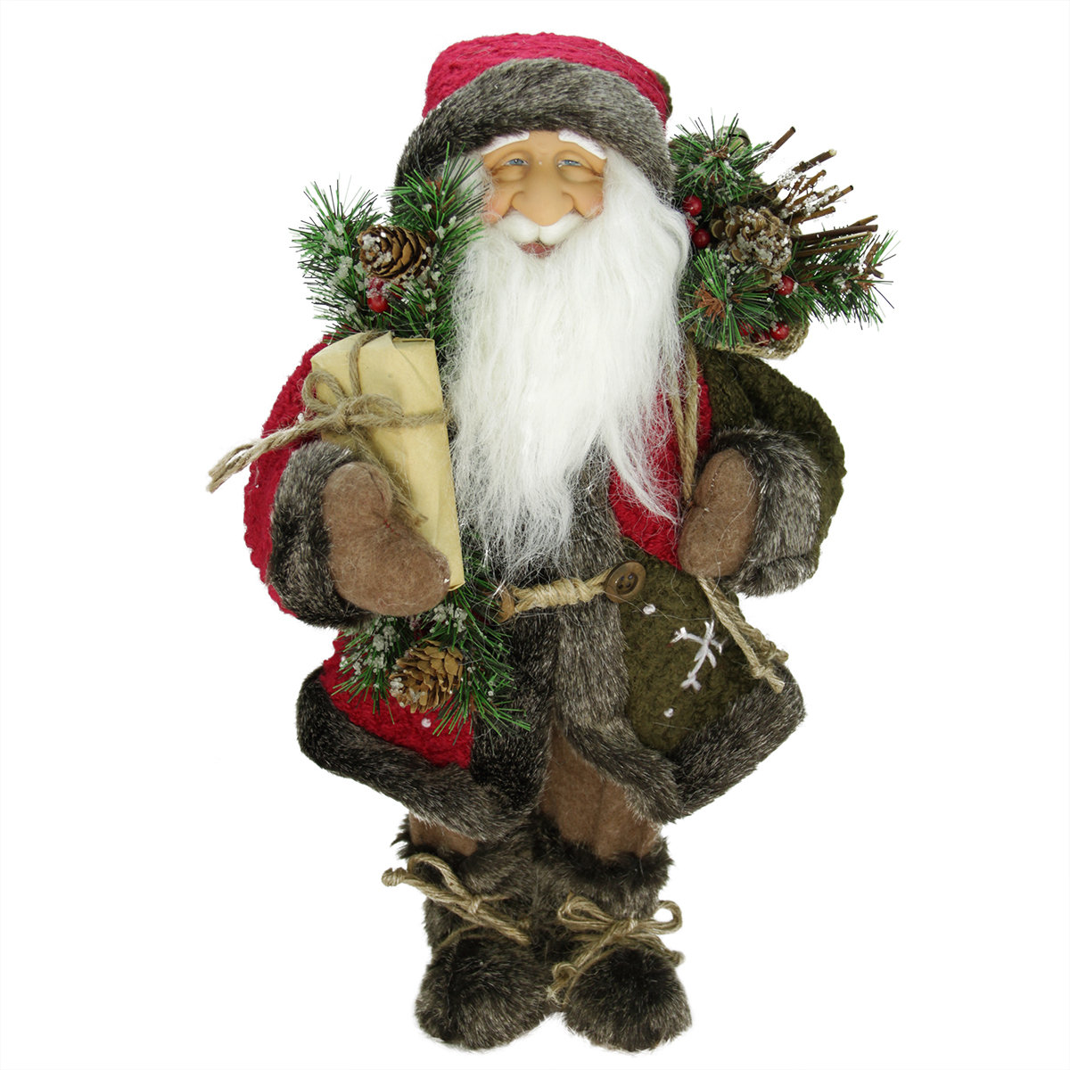 16" Standing Country Santa Holding Gift Spruce Bough and Sack ...