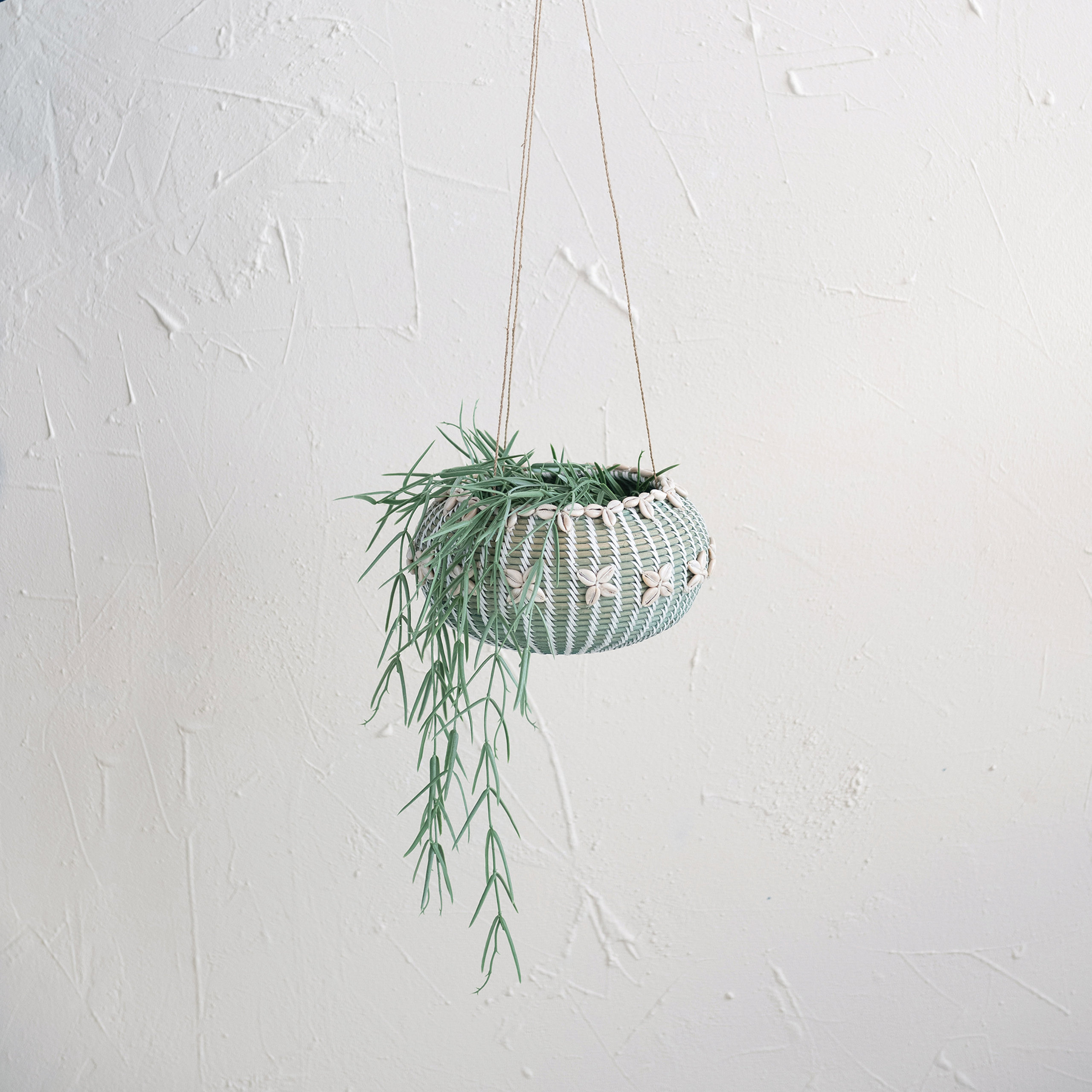 Hanging Handwoven Rattan Planter with Shells and Jute Hanger, Aqua ...