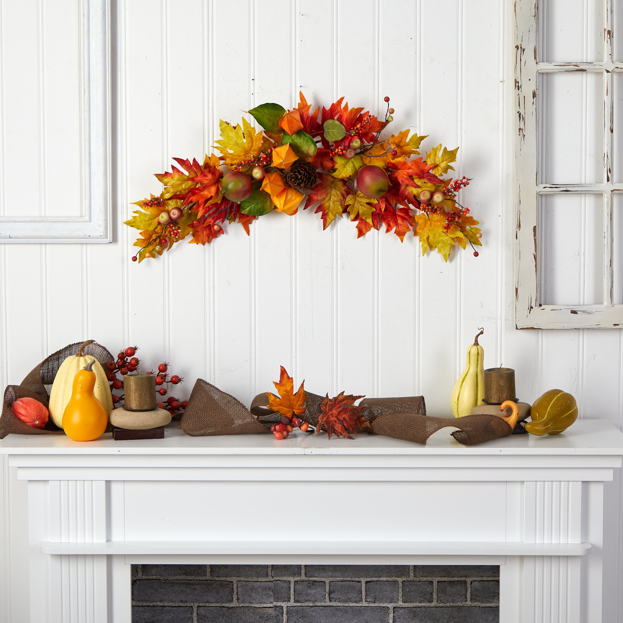 38" Autumn Maple Leaf Berry Artificial Swag - Modern - Wreaths And ...