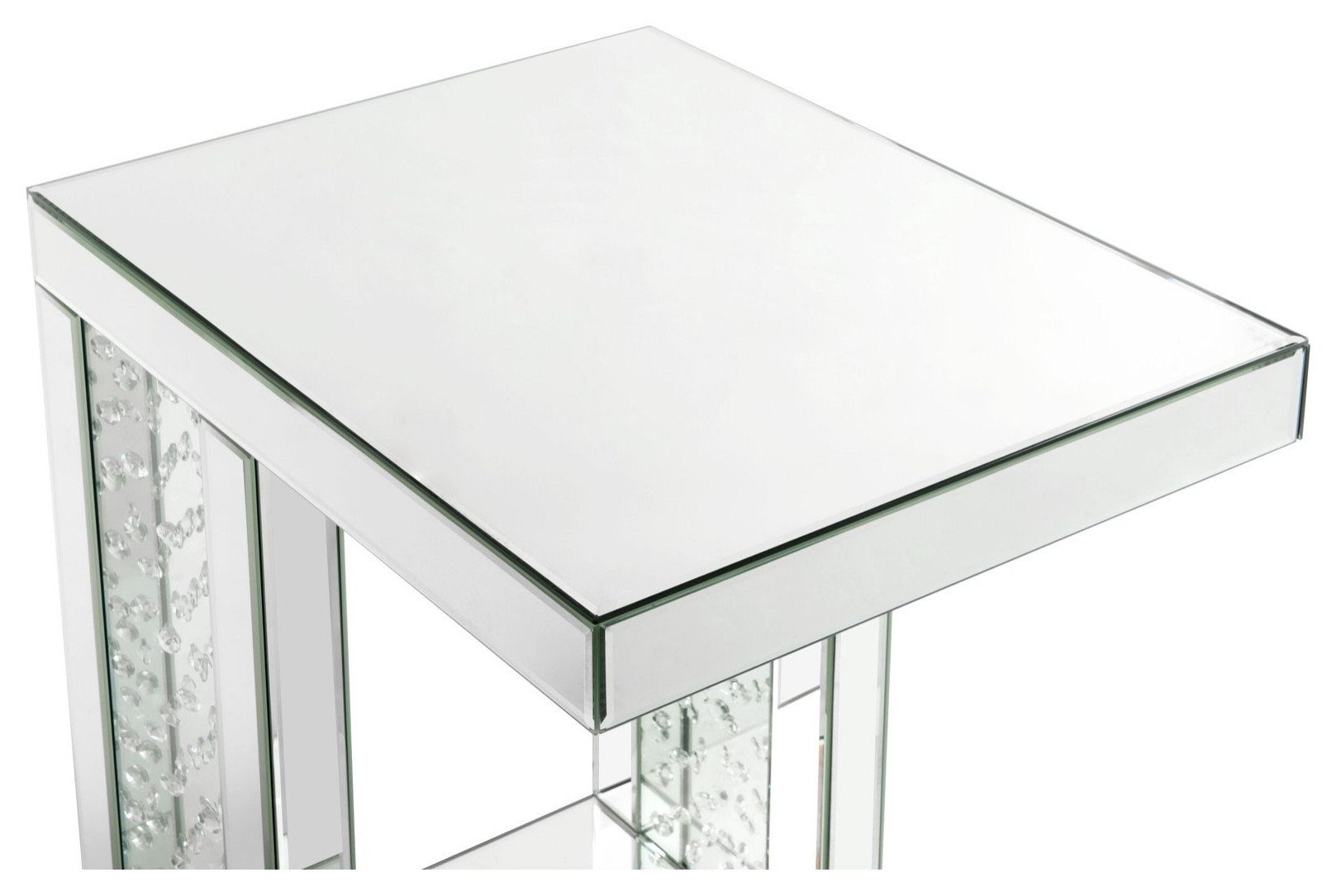 Mirrored Glam Side Table with Faux Crystal Inlay & C-Shaped Base Design ...