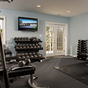 75 Most Popular Home Gym with Blue Walls and Carpet Design Ideas for ...