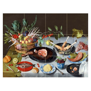 Tile Mural A Laid Table With Plates of Meat and Fish, 8" Ceramic, Matte ...