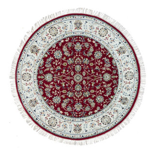 Burgundy Red, Nain Design, 250 KPSI, Wool Hand Knotted Round Rug, 4'10 ...