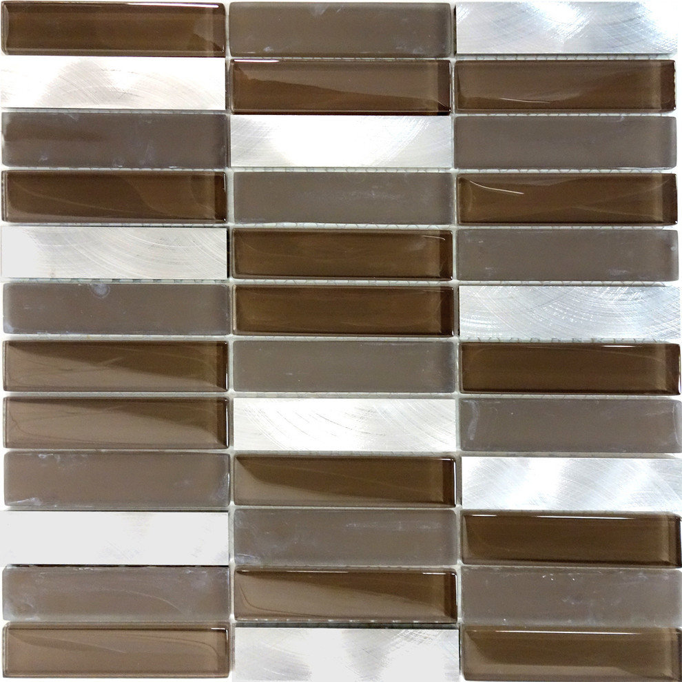 Brown Glass Blend Aluminum Matt Glass Mosaic Tile Backsplash, Sample ...