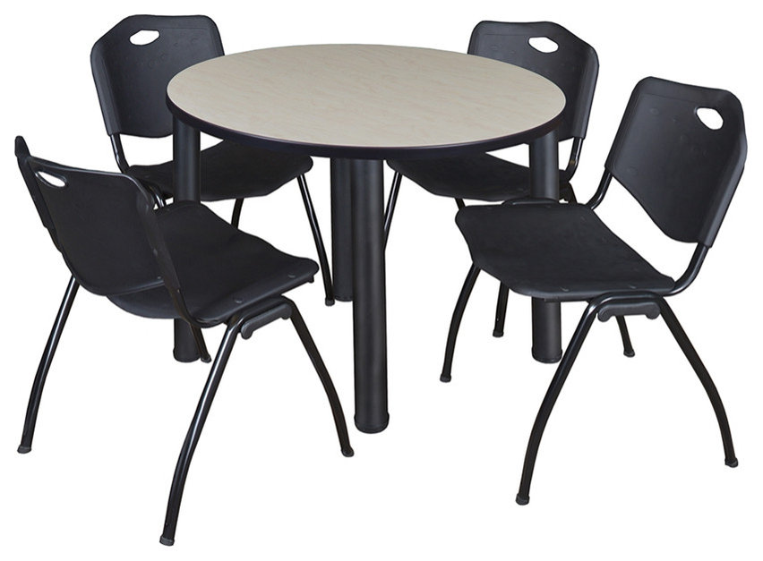 Kee 42 Round Breakroom Table- Maple/ Black & 4 'M' Stack Chairs- Black ...