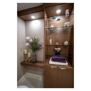 Spa Bath with Tile Steam Shower, Walnut Cabinetry and Solid Surface ...