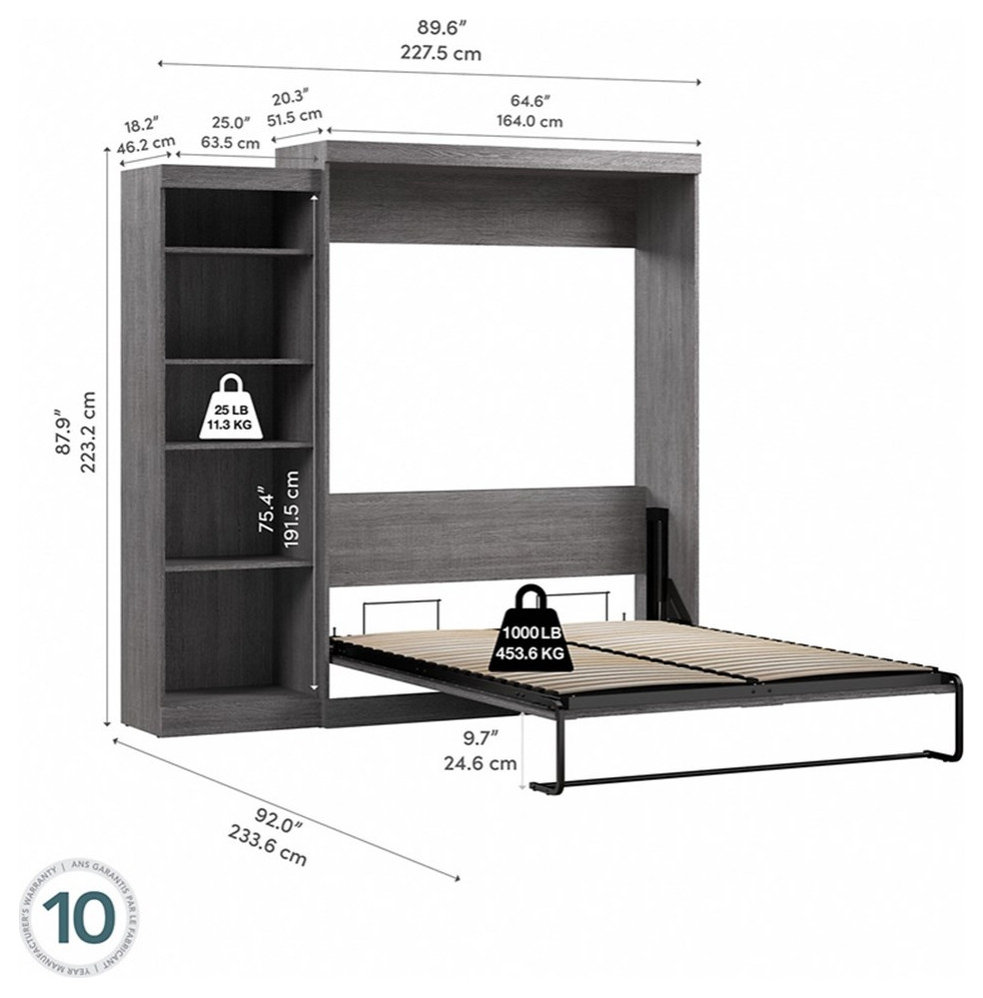 Bestar Pur Queen Murphy Bed with Shelving Unit (90W) in Bark Grey ...
