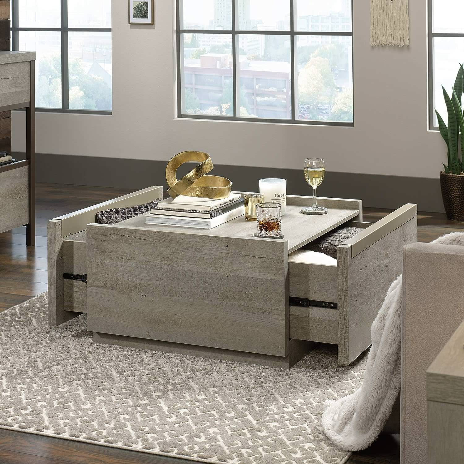 Modern Farmhouse Coffee Table, Square Top & Full Extension Drawers ...