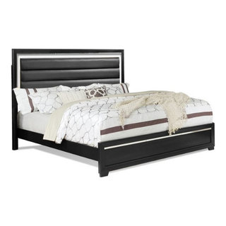 Sia Modern Wood Queen Bed Channel Tufted Headboard Mirrored Accent Trim ...