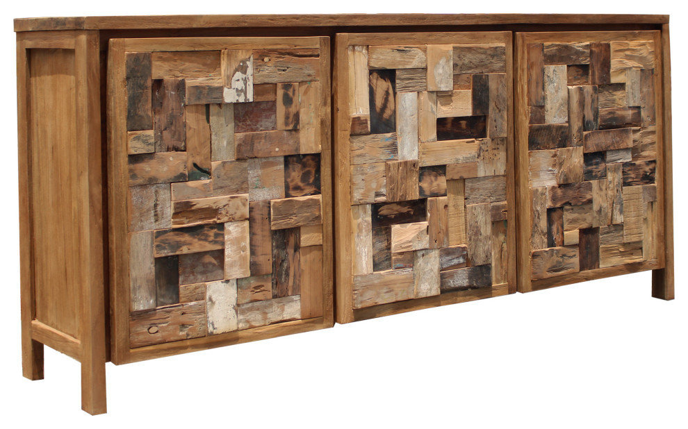 Recycled Teak Wood Apaza Bathroom Linen Cabinet With 3 Doors - Rustic ...