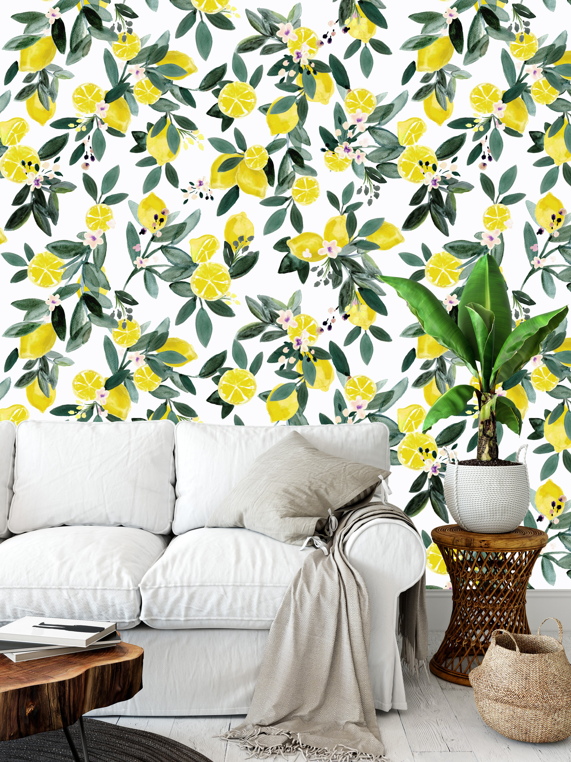 Dear Clementine Teal Lemons White Wallpaper, 24"x72" - Farmhouse ...