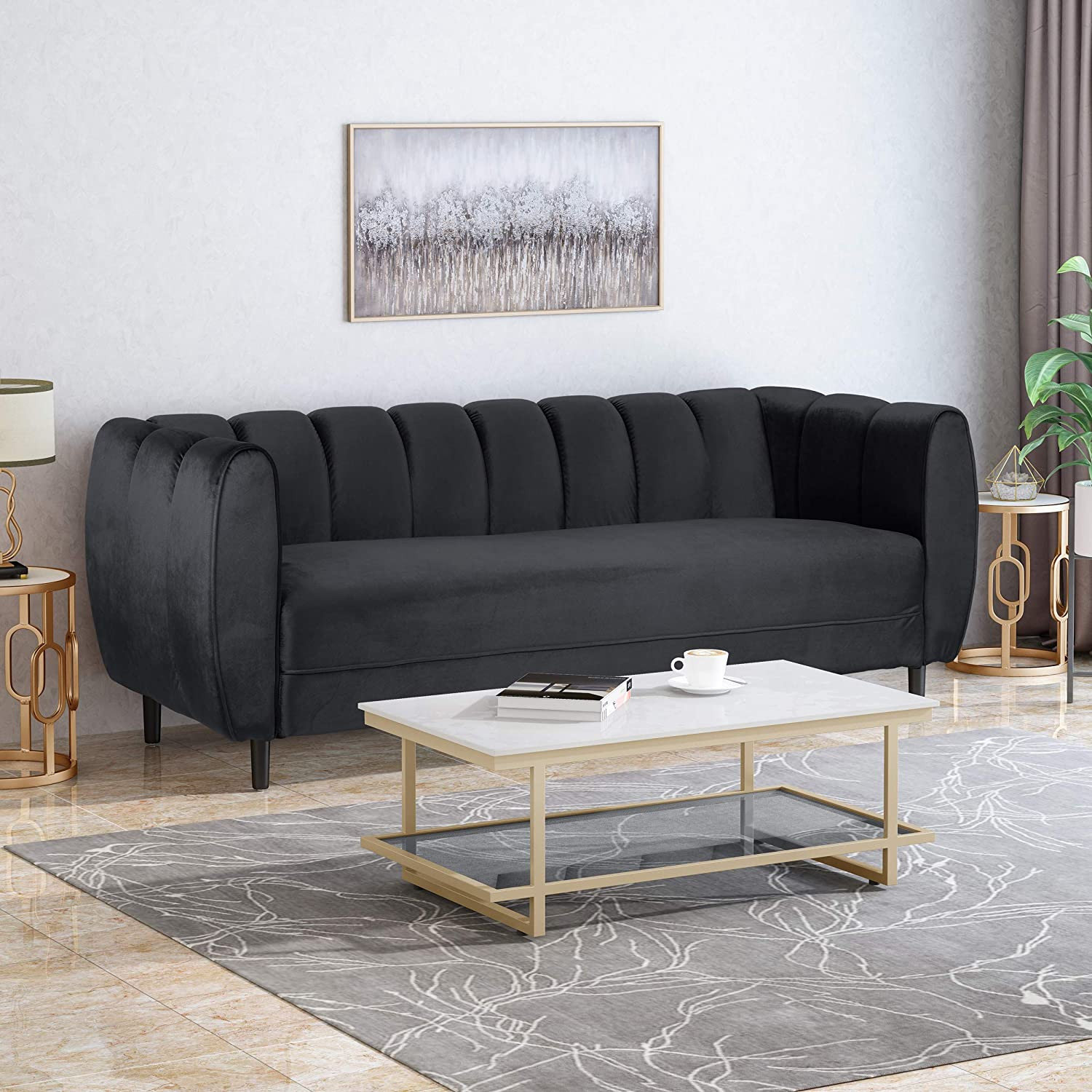 Modern Velvet Sofa With Channel Tufted Arms and Backrest in Glam Style ...