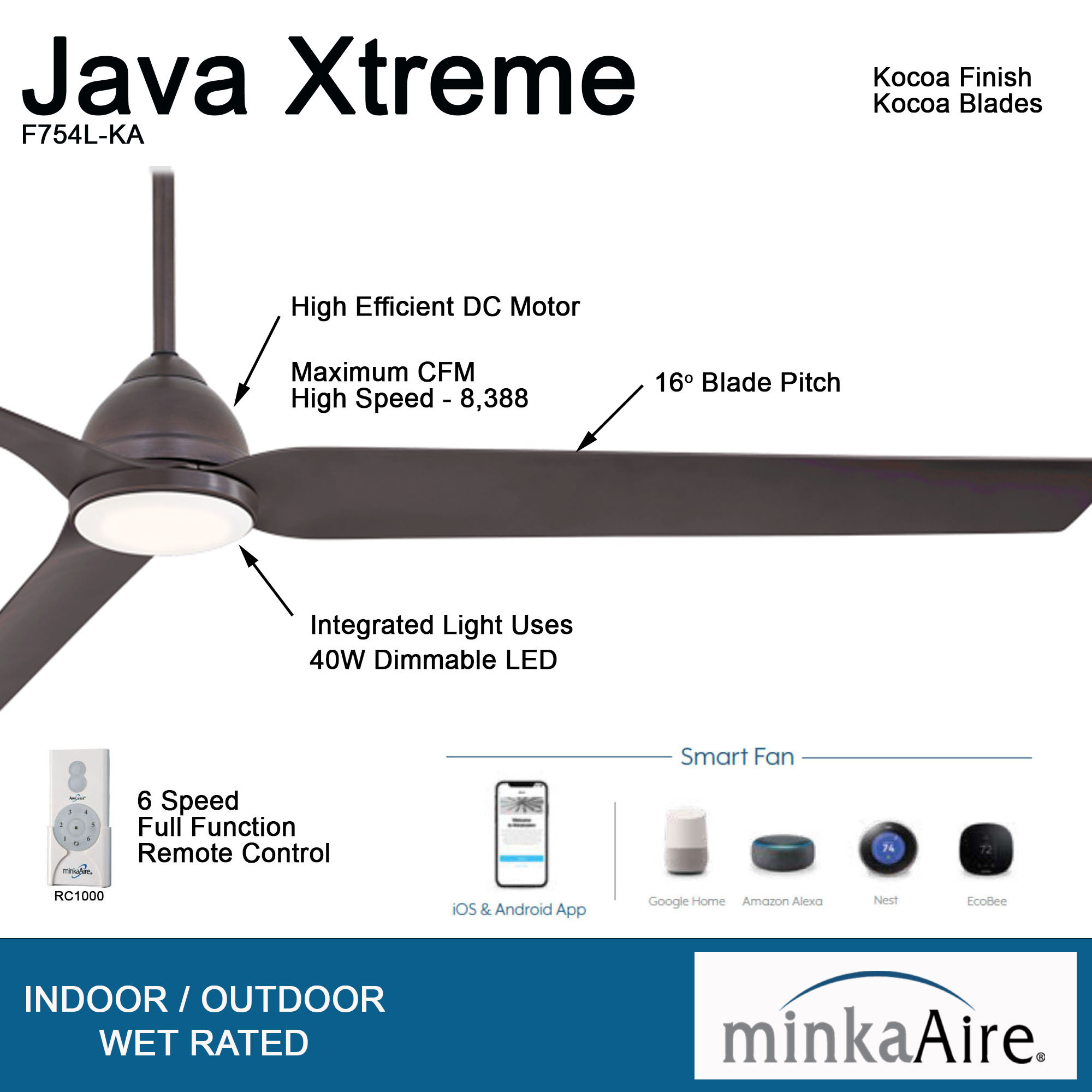 Minka Aire Java Xtreme 84" Outdoor Kocoa Smart LED Ceiling Fan with ...