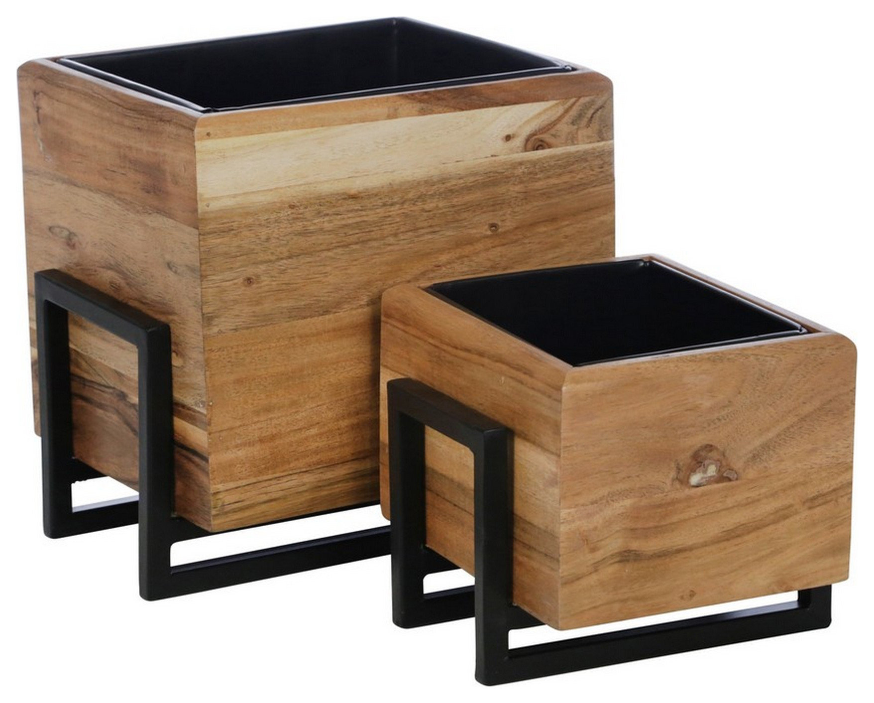 Square Wooden Planter with Metal Base and Grain Details, Set of 2 ...