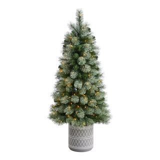 4.5' Nova Scotia Pine Faux Xmas Tree, Engraved Geometric Stone Planter ...