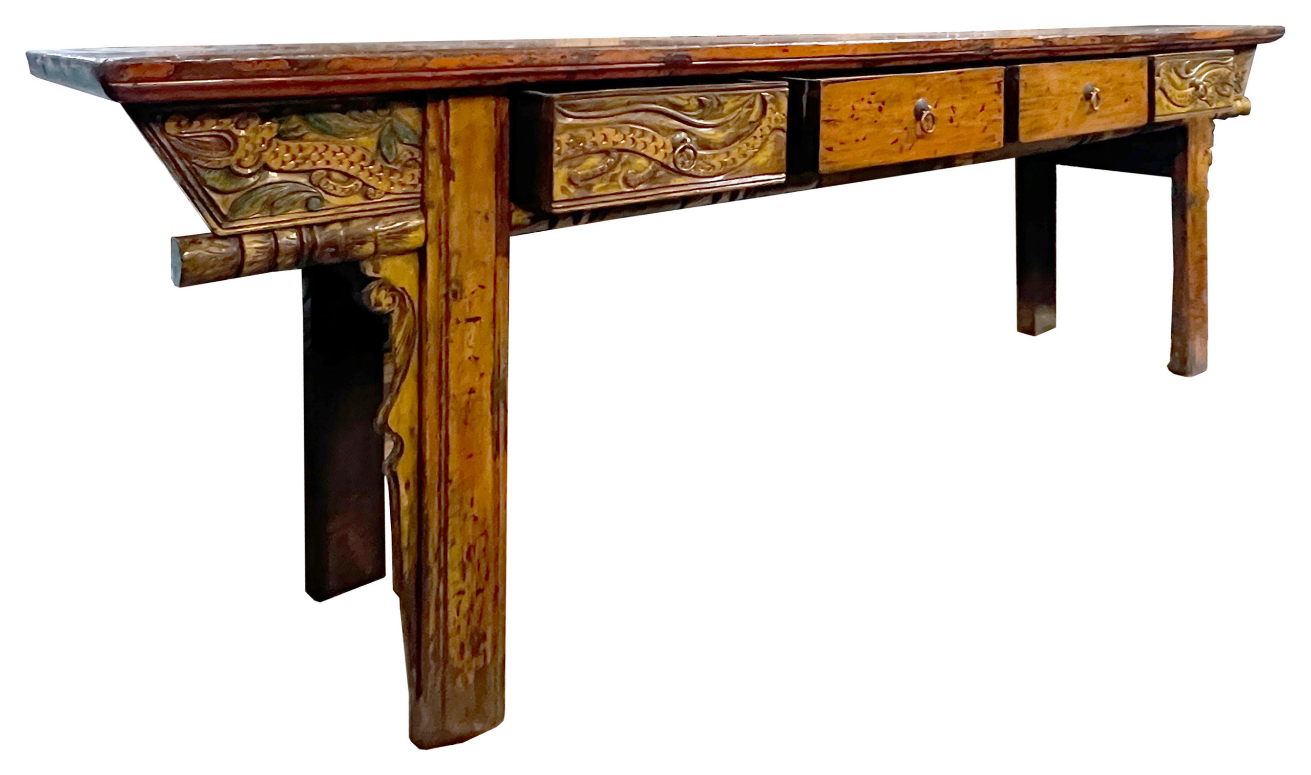 Chinese Vintage Distressed Orange Drawers Long Console Foyer Altar ...