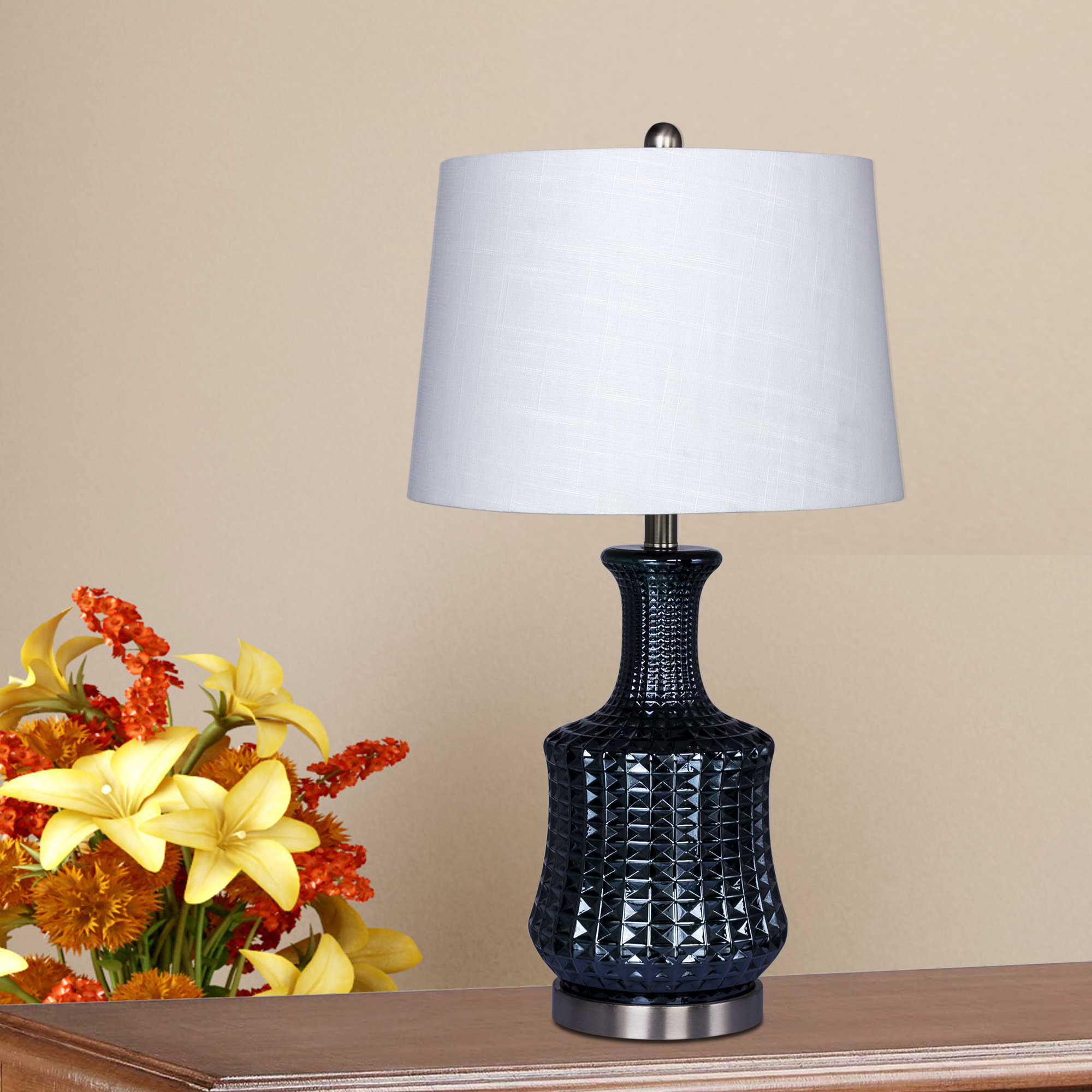 27.5" Riveted Dark Blue Glass & Brushed Steel Metal Genie Bottle Table ...