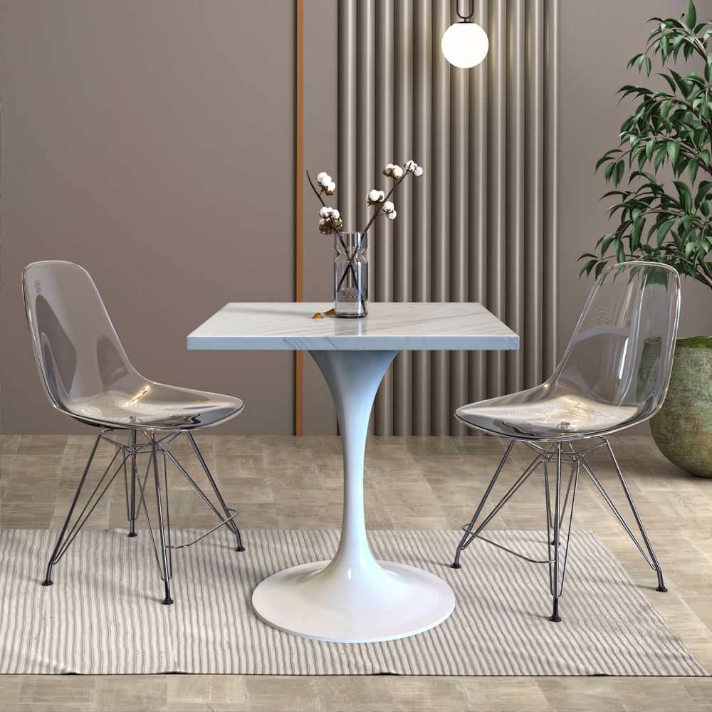 27 Square Dining Table, White Base with Laminated White Marbleized Top ...