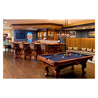 Bar with built-in banquet style seating & pool table - Traditional ...