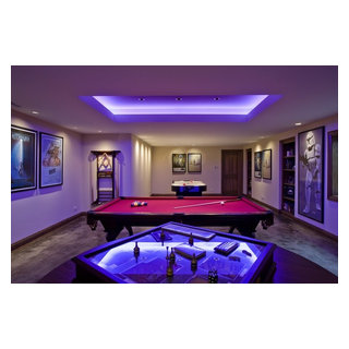 Basement Game Room with Stained Concrete Floor and Fluorescent Indirect ...