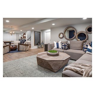 Retro Record Player Basement with Blue Accent Wall - Midcentury ...