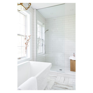 Bathroom With Bench and Crosshatch Tiles - Transitional - Bathroom ...