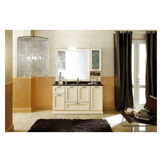 Contemporary cream colored bathroom vanity with black counter ...