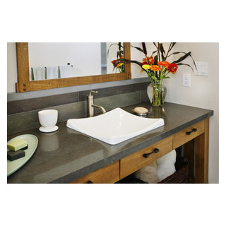 Contemporary mission open console vanity with quartz counter ...