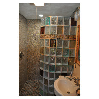 Curved colored glass block walk in shower New York - Transitional ...