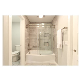 Curved Glass Sliding Shower Doors In Tiled Tub Alcove - Transitional ...