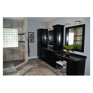 Custom Java Cabinets, Travertine Tile with River Rock Accents ...