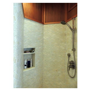 Detail of new Master Bath shower: diamond-shaped onyx tile - Midcentury ...