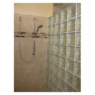Glass block prefabricated shower wall and ceramic tile shower enclosure ...