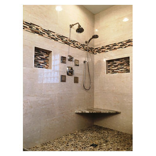 MASTER BATHROOM - Free Standing Tub / Crema Marfil Tile / White Reef ...