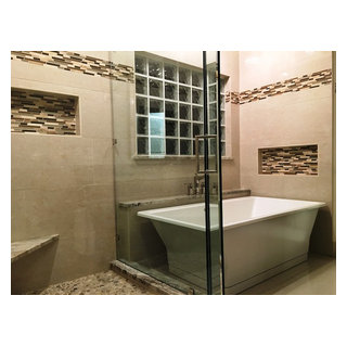 MASTER BATHROOM - Free Standing Tub / Crema Marfil Tile / White Reef ...