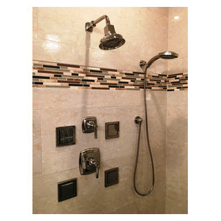 MASTER BATHROOM - Free Standing Tub / Crema Marfil Tile / White Reef ...