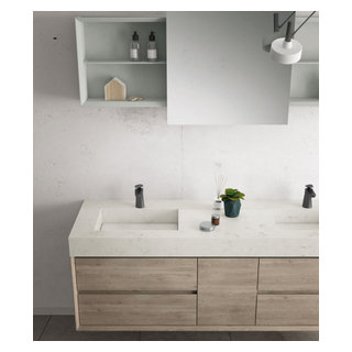 Modern bathroom vanity with soft wood tone and thick counter - Moderno ...