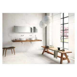 Modern white bathroom with matte marble look tiles - Modern - Bathroom ...