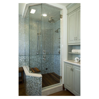 Spa Shower with glass tiles and teak floor - Transitional - Bathroom ...