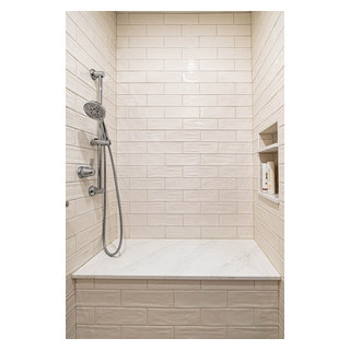 Subway Tile Shower with Rainhead, Bench and Handheld - Transitional ...