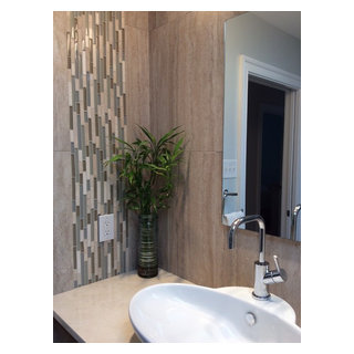 Travertine-look Porcelain with Glass and Stone Mosaic Waterfall Look ...