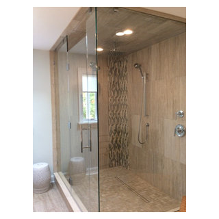 Travertine-look Porcelain with Glass and Stone Mosaic Waterfall Look ...