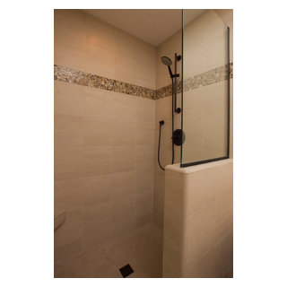 Walk in Corner Shower with Beige Tile & Glass Tile Liner - Eclectic ...