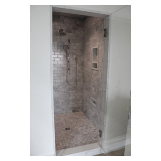 Walker Zanger Rue Pierre Gris Tiled Shower with Bianco Gioia Floor Tile ...