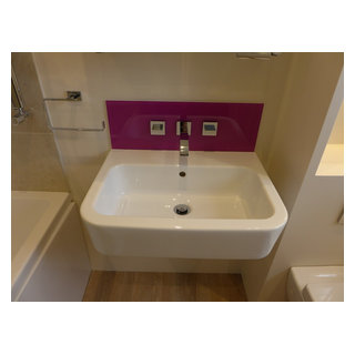 wall hung handbasin with purple glass splashback - Contemporary ...