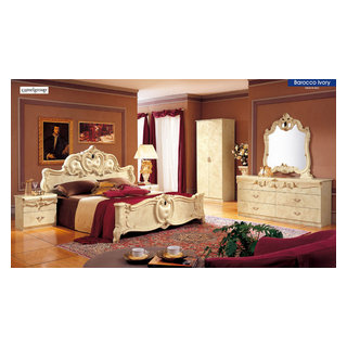 Barocco Traditional Bedroom Set in Ivory (Bed, 2 Nightstands, Double ...