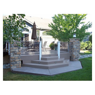 Custom Deck with Iron Railings, Stone Columns and Lighting ...