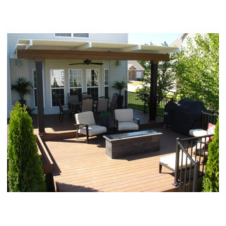 Deck with louvered roof, fire feature, and inset hot tub - Dardenne ...