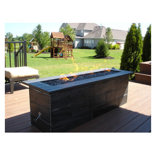Deck with louvered roof, fire feature, and inset hot tub - Dardenne ...